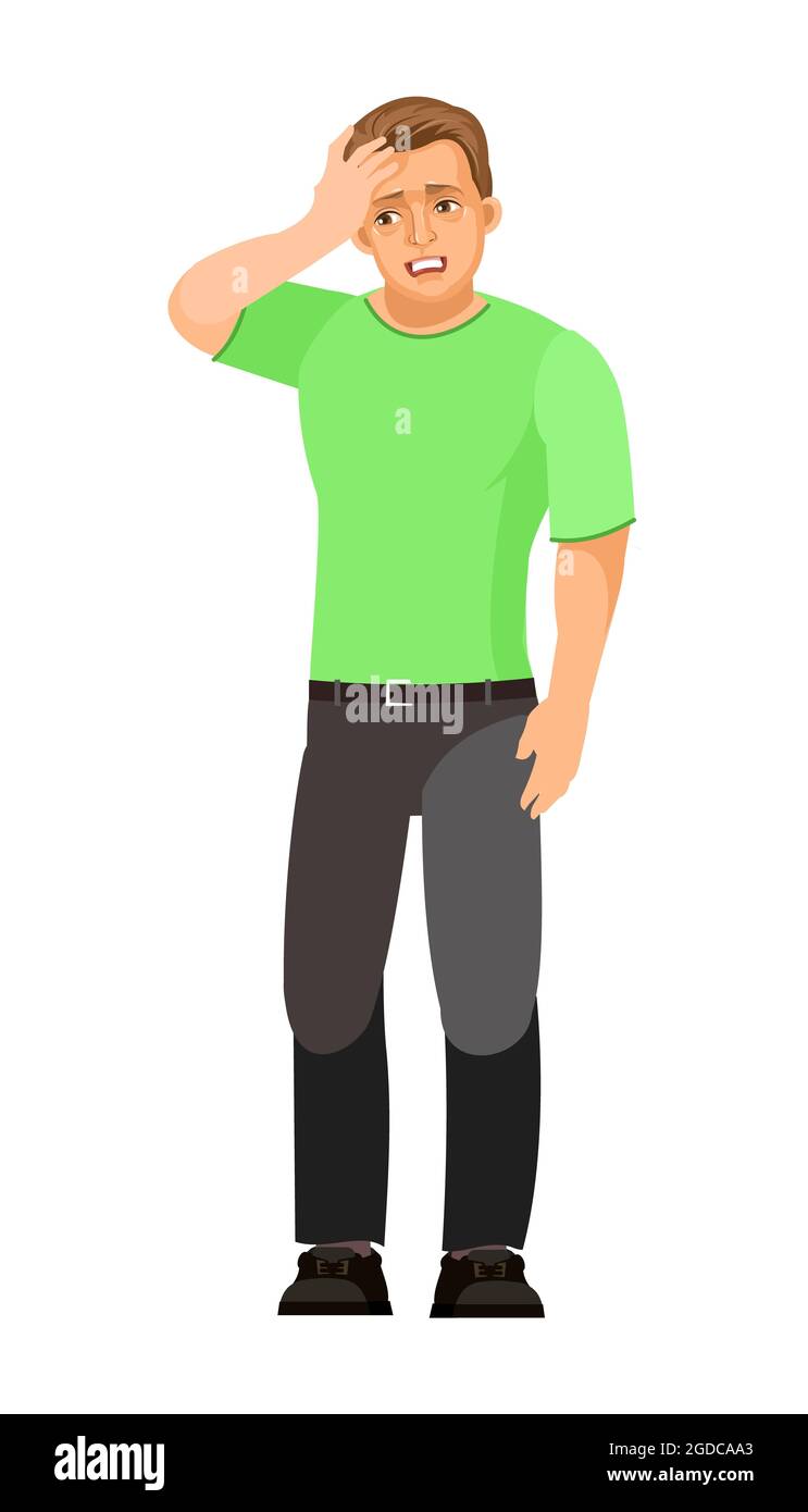 Guy is sick. Headache. Forehead. Young handsome boy. Its sad. In jeans ...