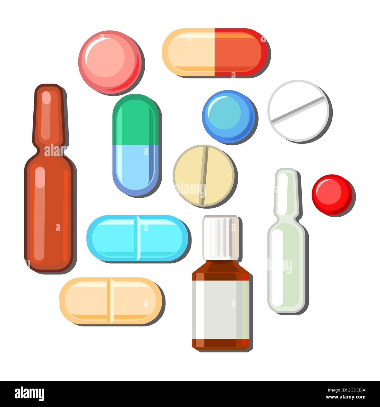 Medicines. Illustration with bottles, tablets, capsules, ampoules ...