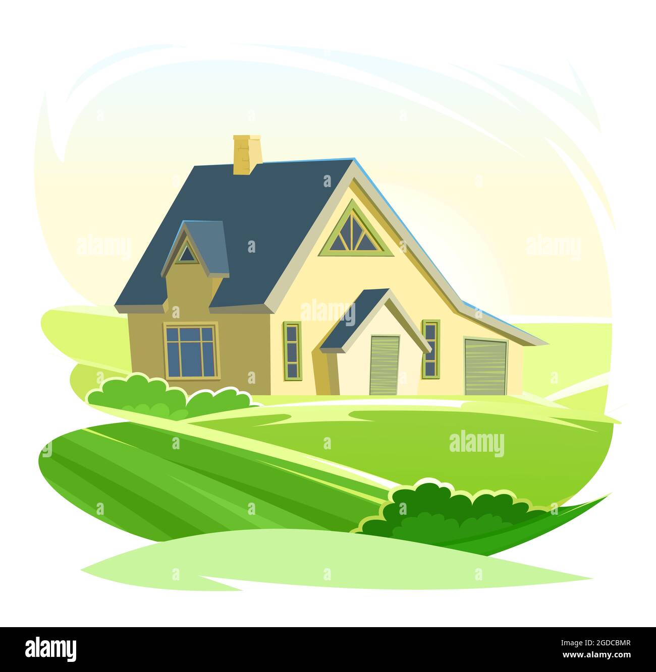 Rural house. Half-turned. In a fun cartoon flat style. Isolated on ...