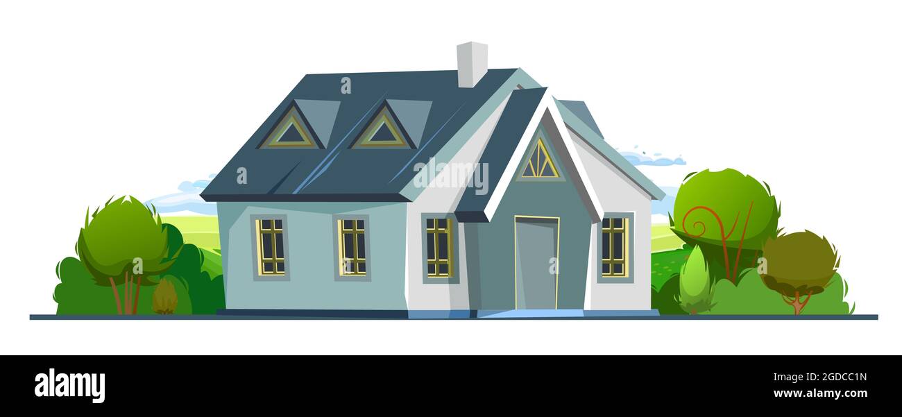 Rural house in the garden. Half turn. Cheerful cartoon flat style ...