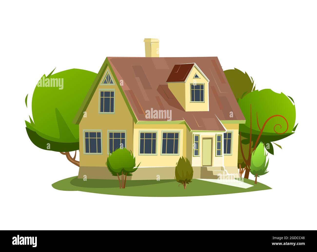 Rural house in the meadow. Half turn. Cheerful cartoon flat style ...
