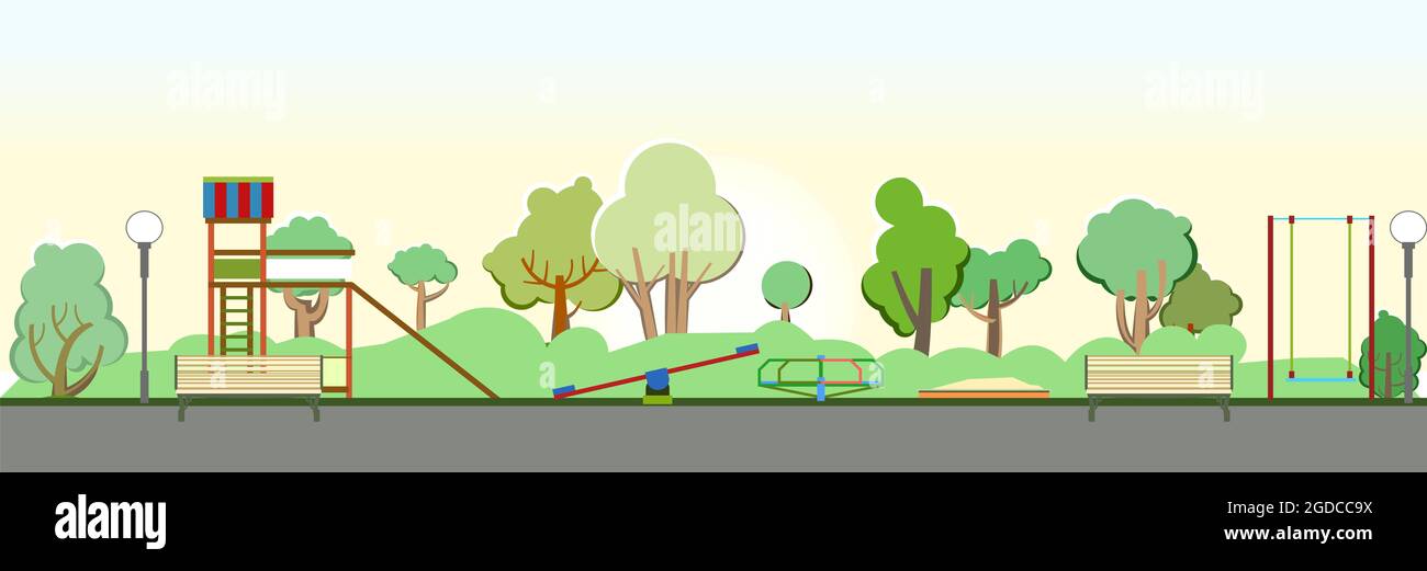 Playground in the park. Swings, slides and carousels. Flat cartoon ...