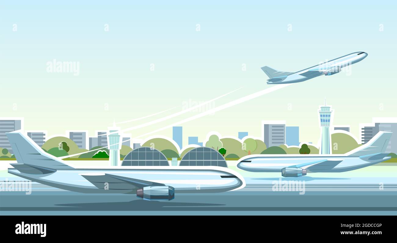 The passenger plane takes off. Airport outside. Runway. Towers and ...