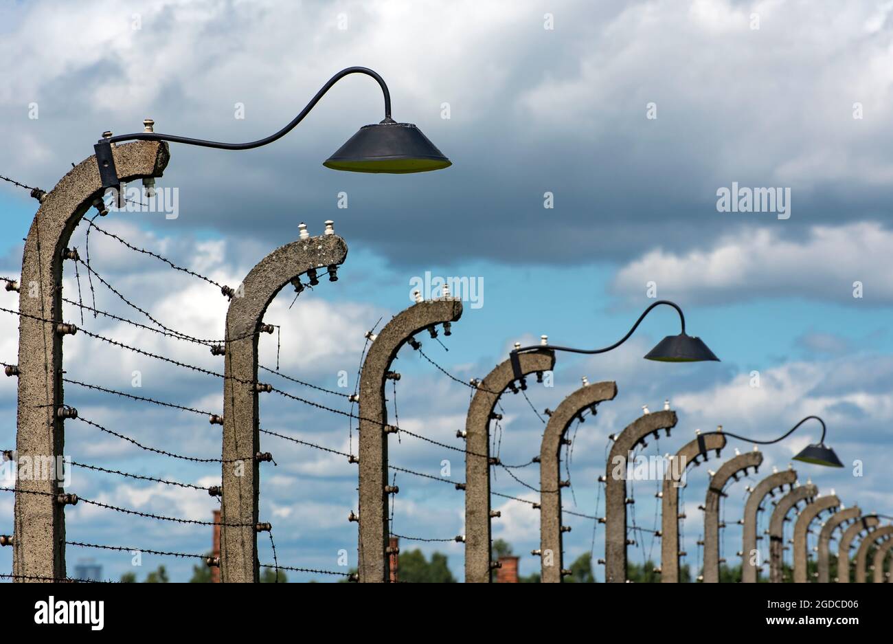 Barbed-wire fence and lamp-posts at Auschwitz II-Birkenau concentration ...