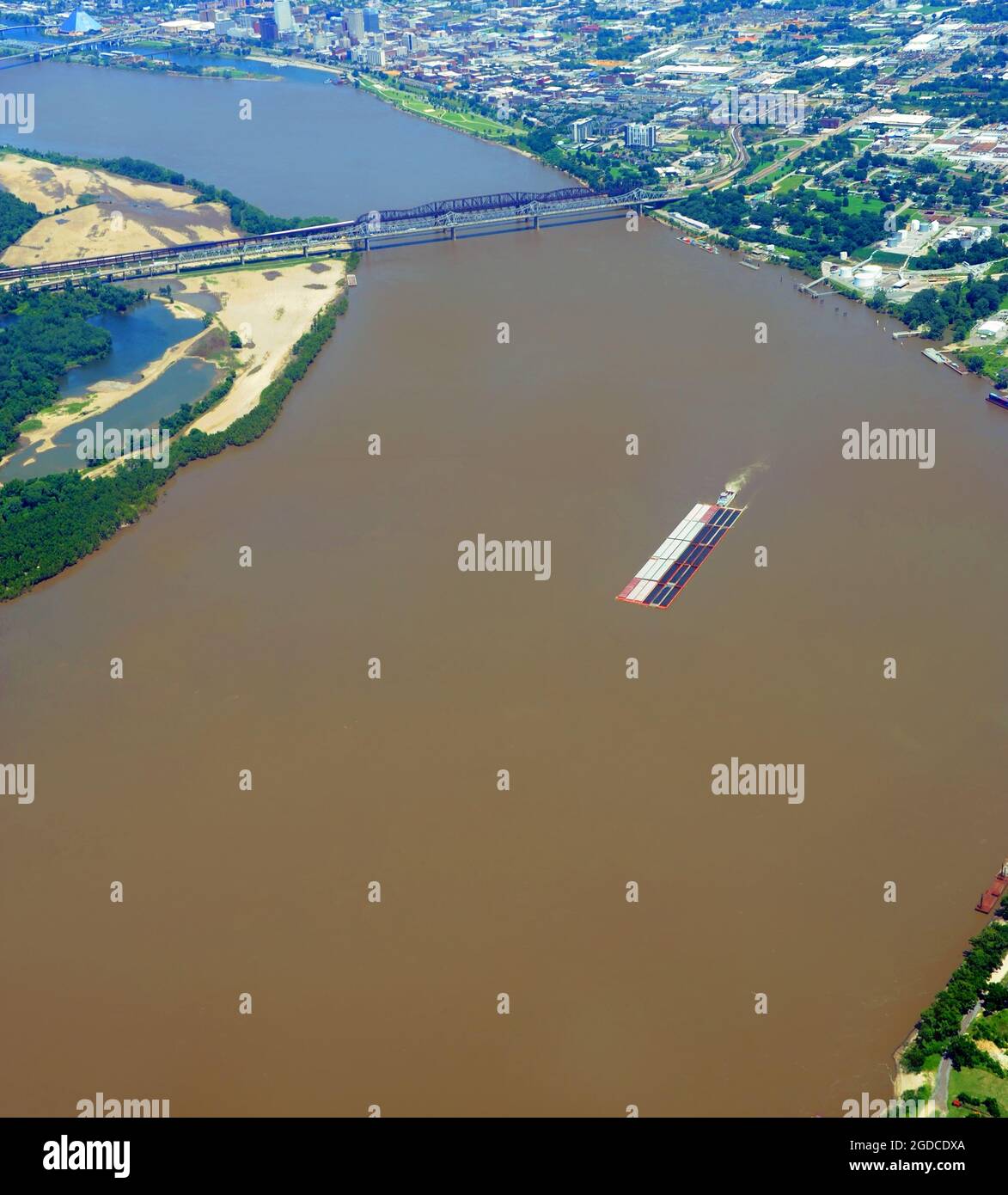 Ariel view shows Mississippi River at the crossing of the Memphis River ...