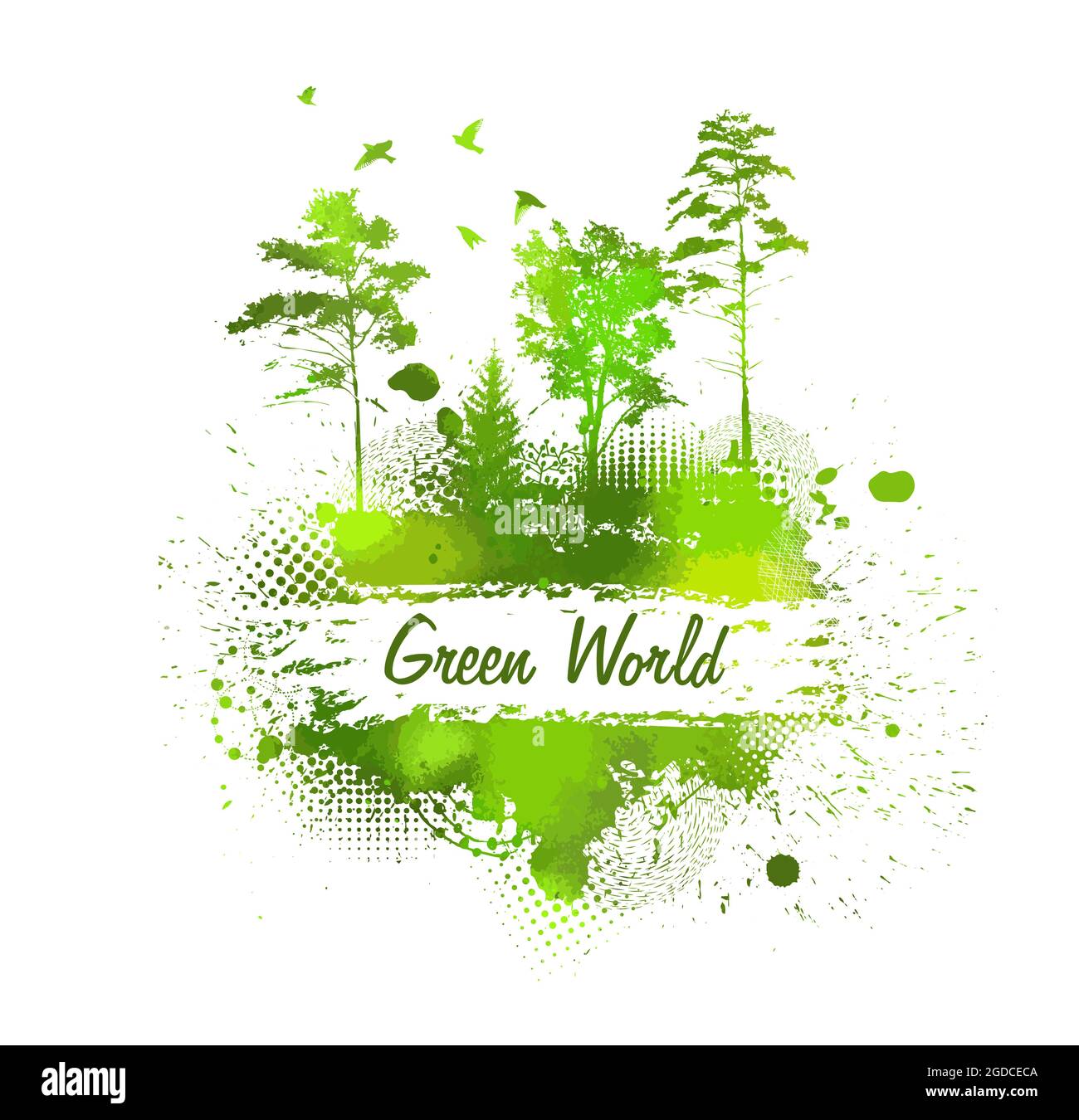 green trees. green World . Abstract landscape. Colored blots. Mixed ...