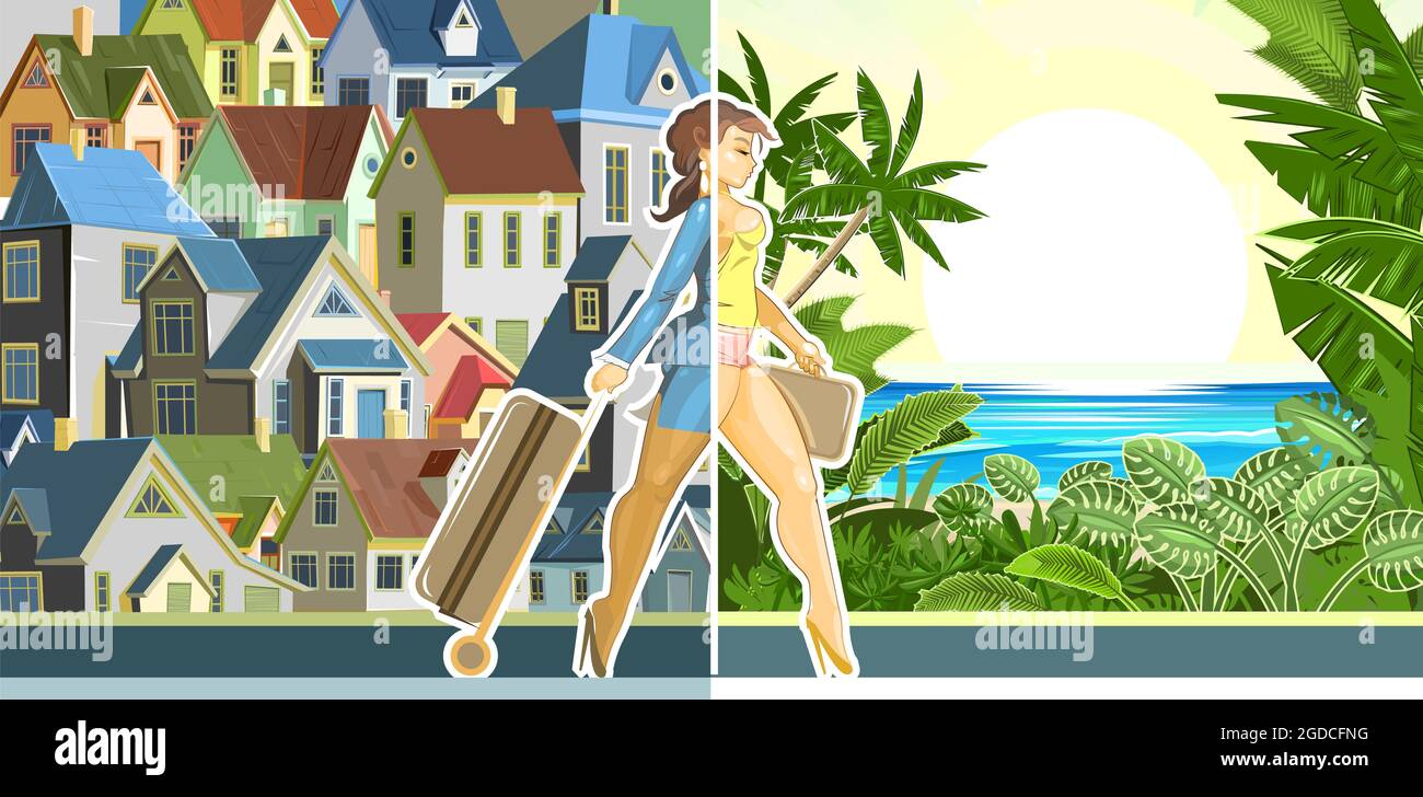 Pretty girl goes on vacation. Moving from a stuffy city to the sea with ...