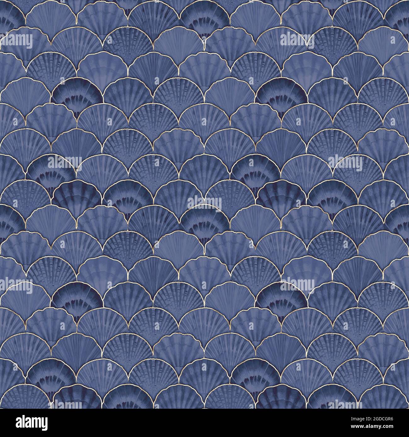 Watercolor sea shell japanese waves seamless pattern. Hand drawn ...