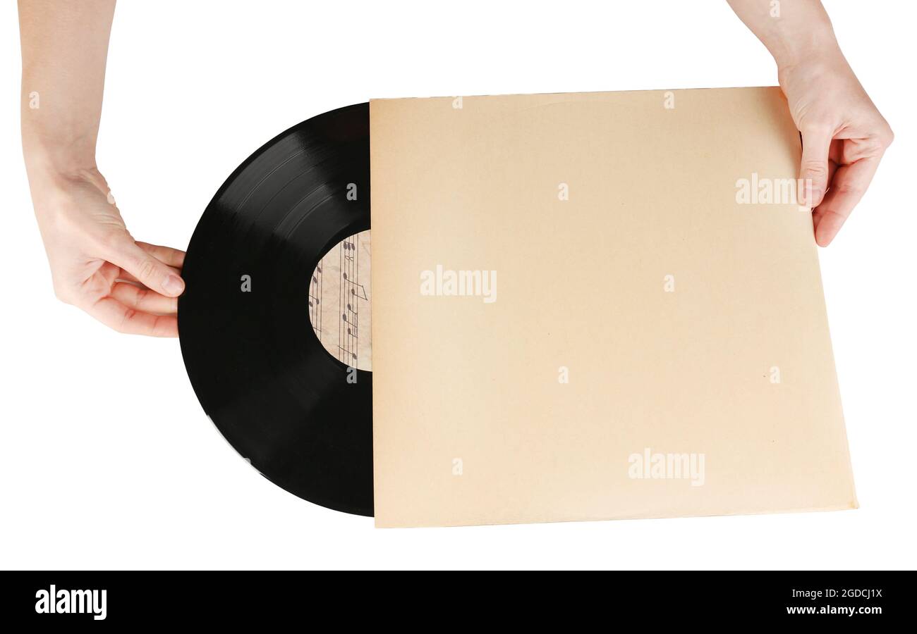 Hands holding old vinyl record in paper case, isolated on white Stock ...