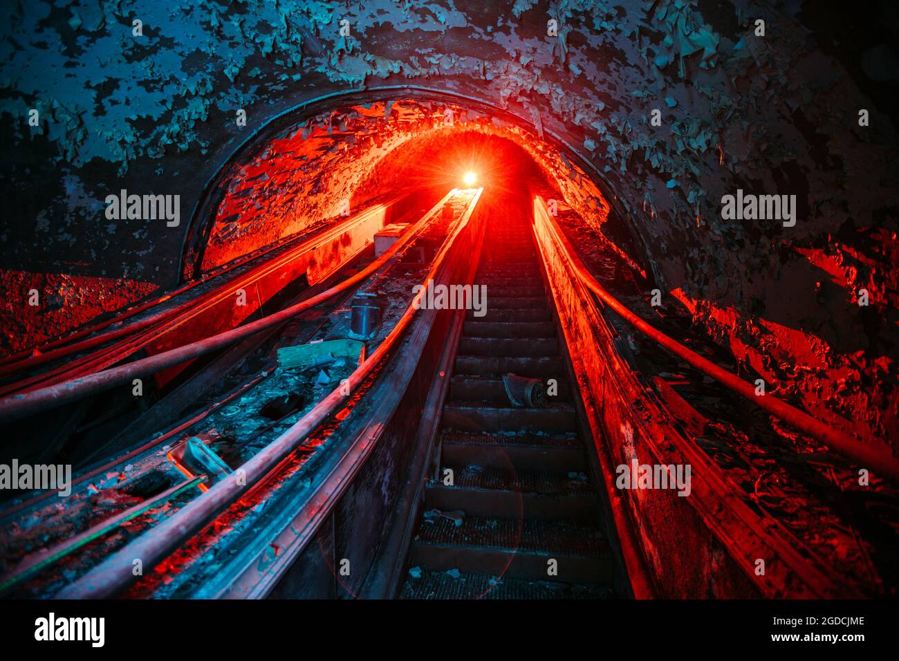 Dark and creepy old abandoned subway station. Broken escalator Stock ...