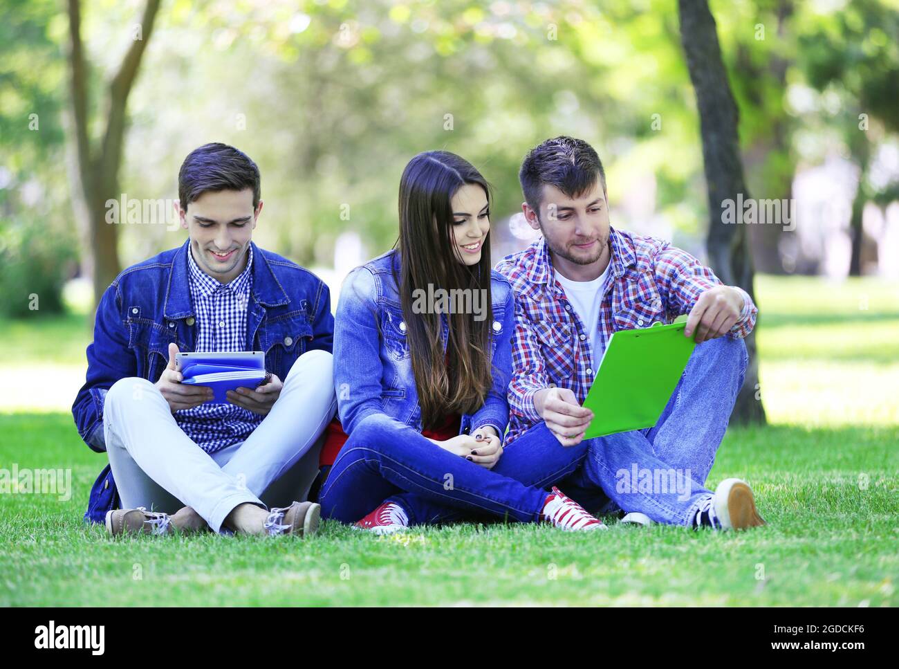 Happy students sitting in park Stock Photo - Alamy