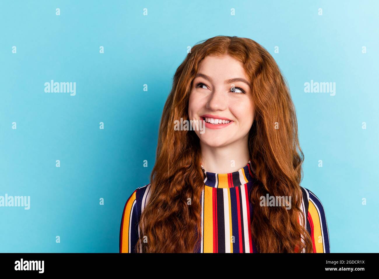 Photo of fancy ginger hairdo millennial lady look empty space wear ...