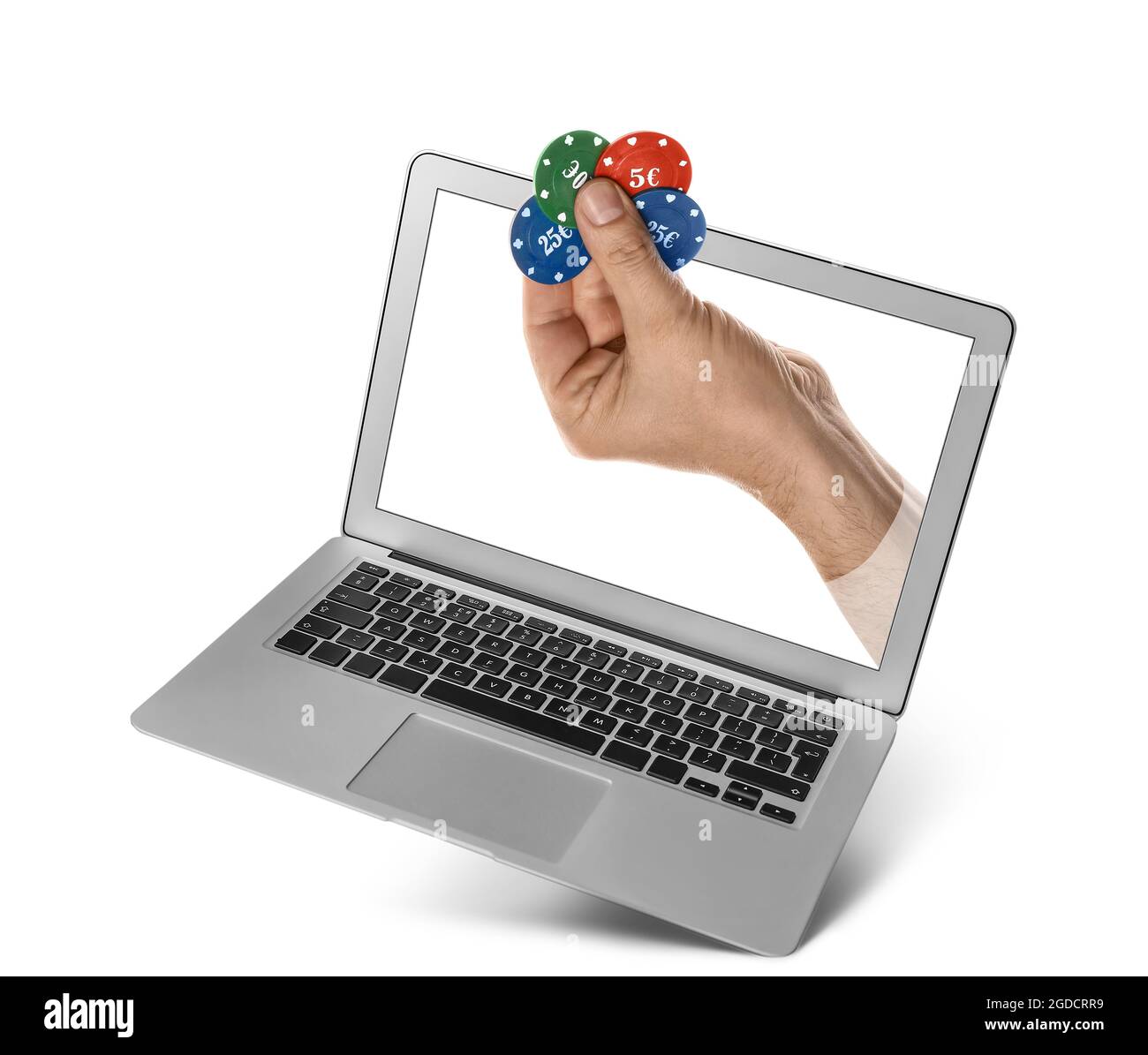 Man sticking hand with chips for gambling games out of laptop screen ...