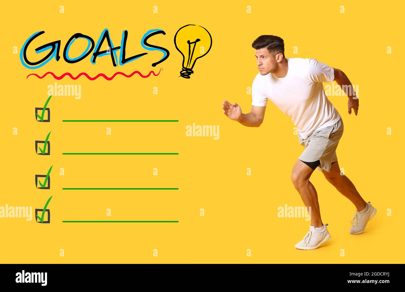 Sporty male runner on color background with empty to do list for 2022 ...
