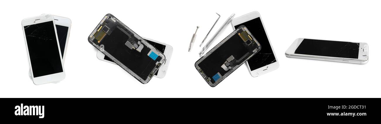 Disassembled mobile phones with technician tools on white background ...