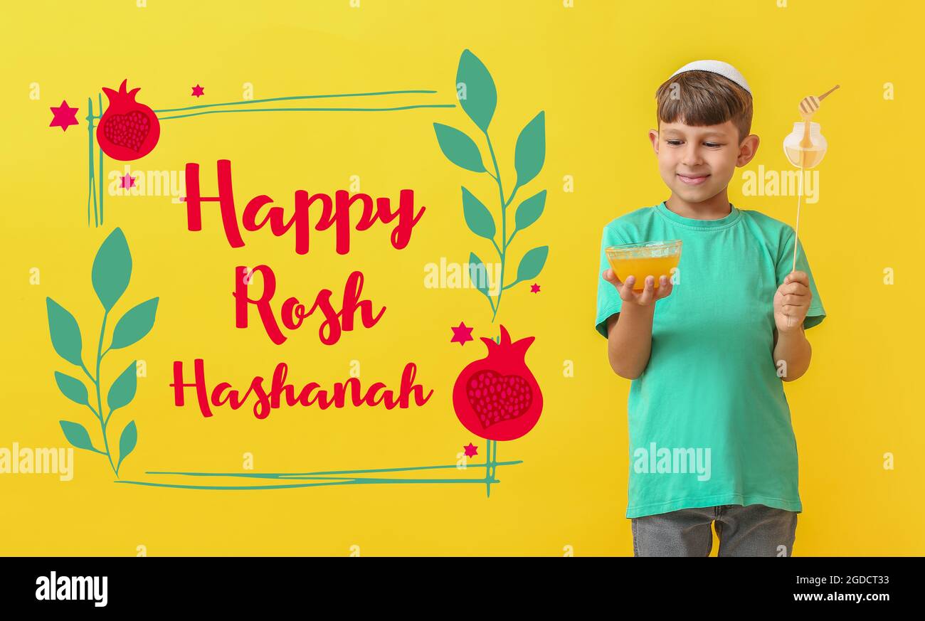 Greeting card for Rosh hashanah (Jewish New Year) with little boy and ...