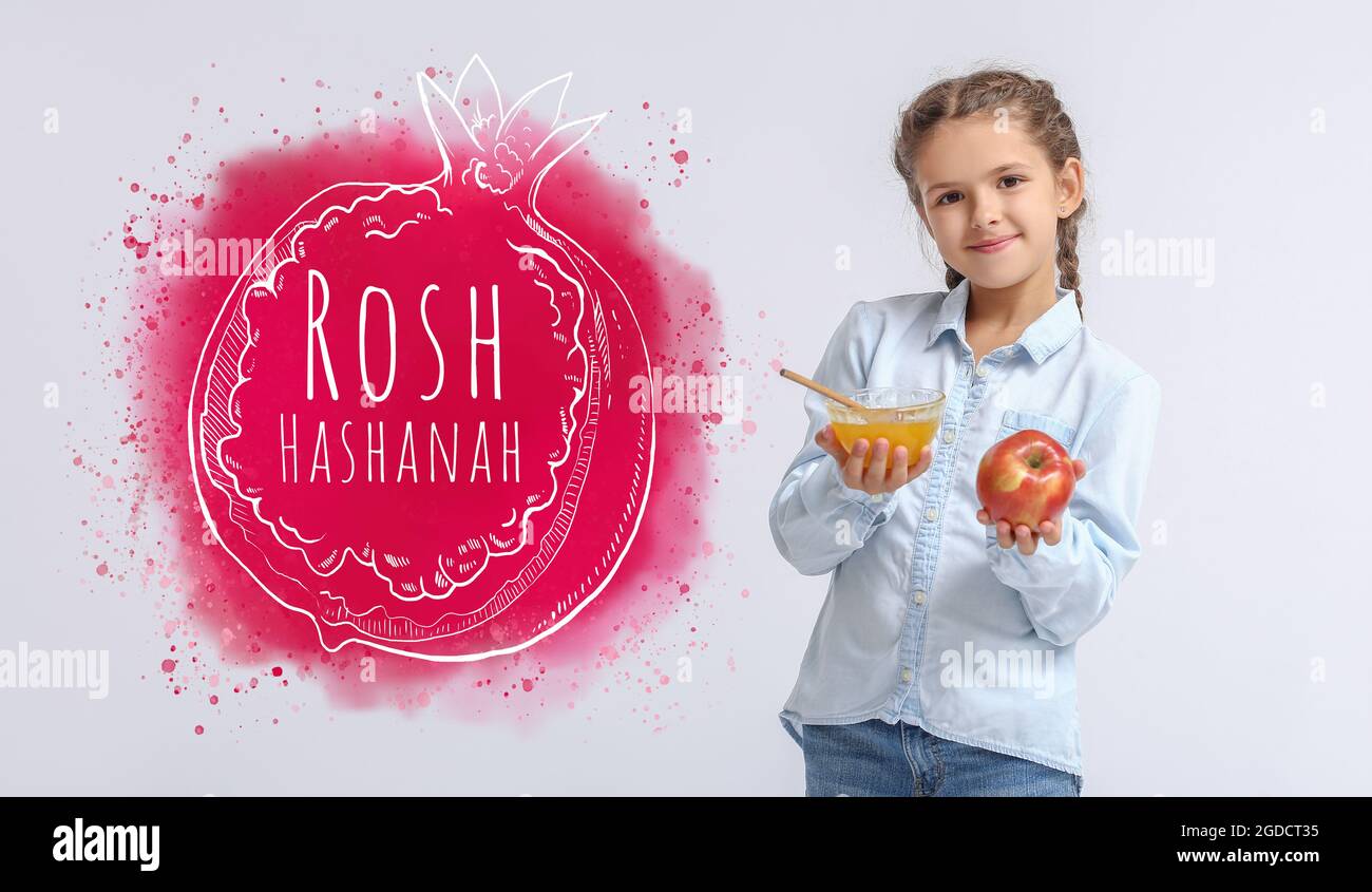 Greeting card for Rosh hashanah (Jewish New Year) with little girl ...