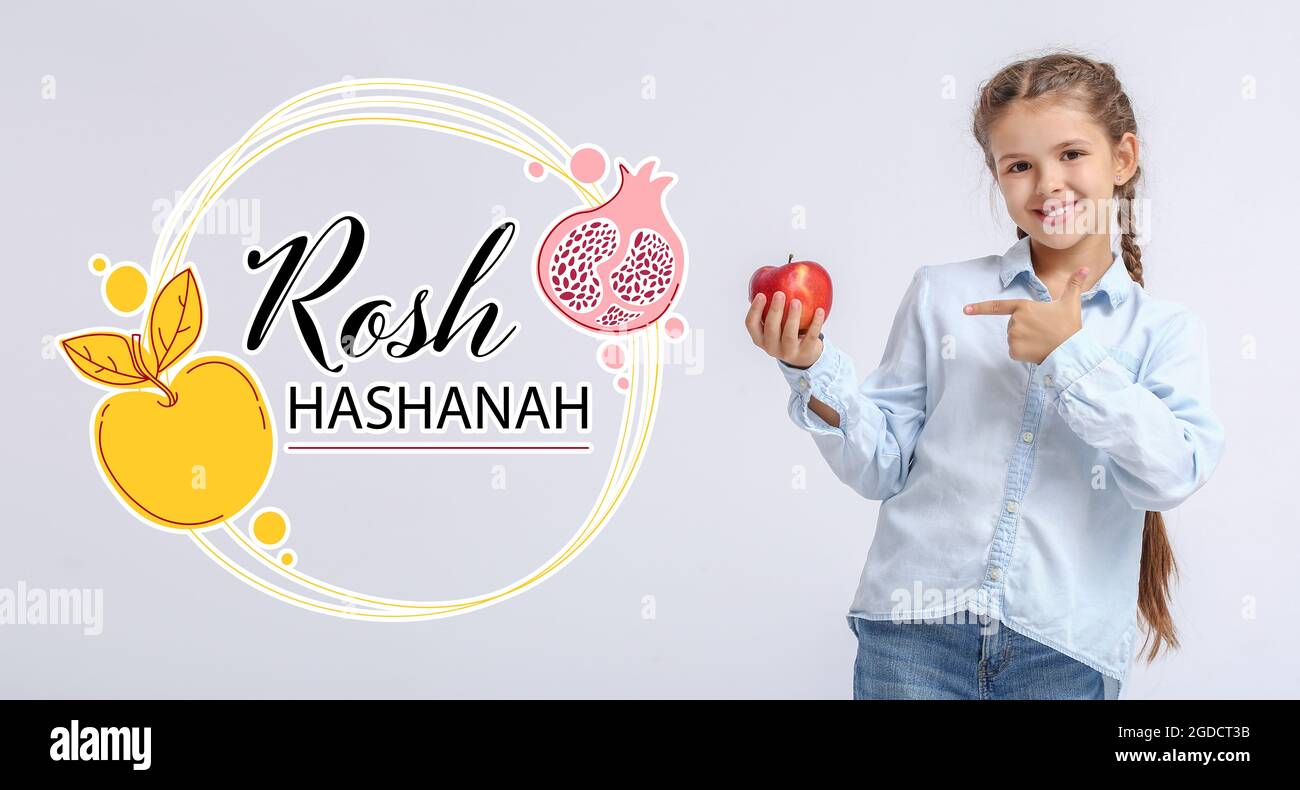 Greeting card for Rosh hashanah (Jewish New Year) with little girl and ...