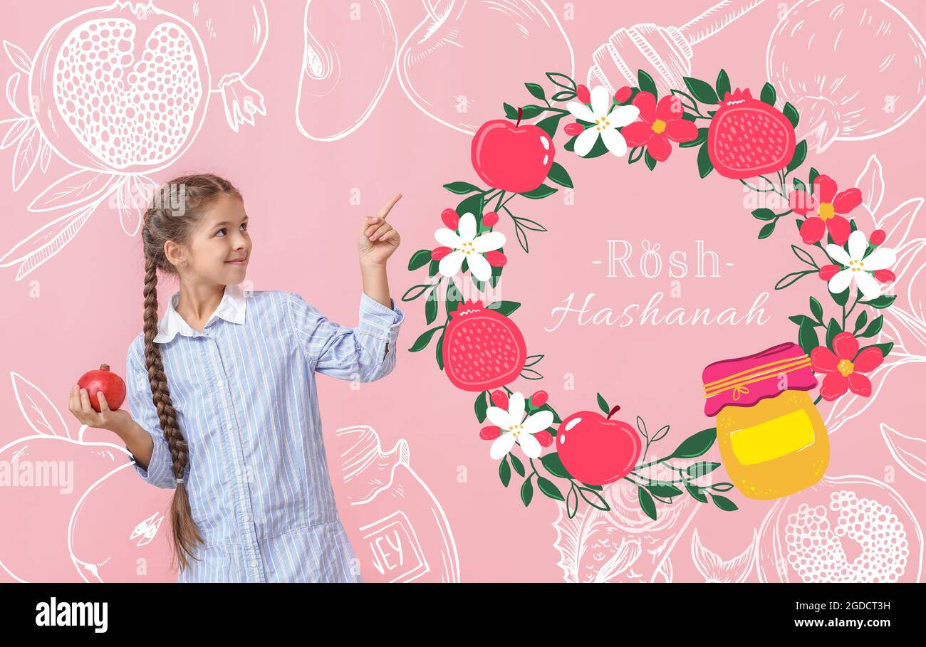Greeting card for Rosh hashanah (Jewish New Year) with little girl and ...