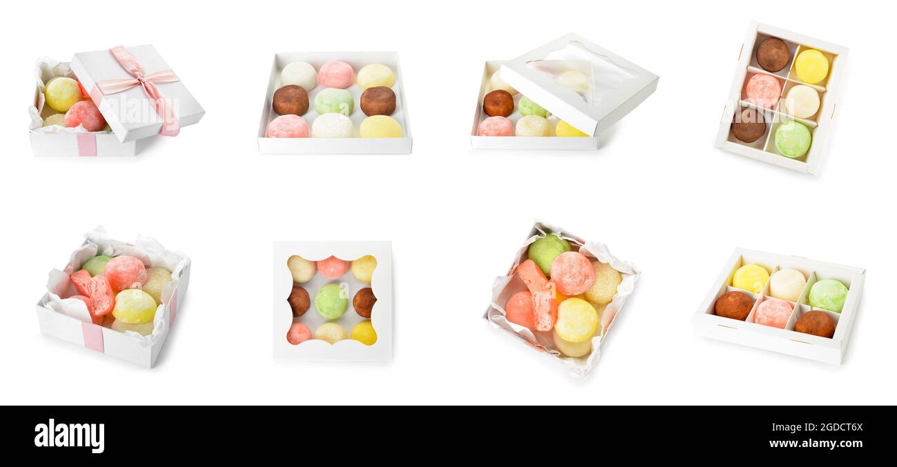 Tasty Japanese mochi in boxes on white background Stock Photo - Alamy