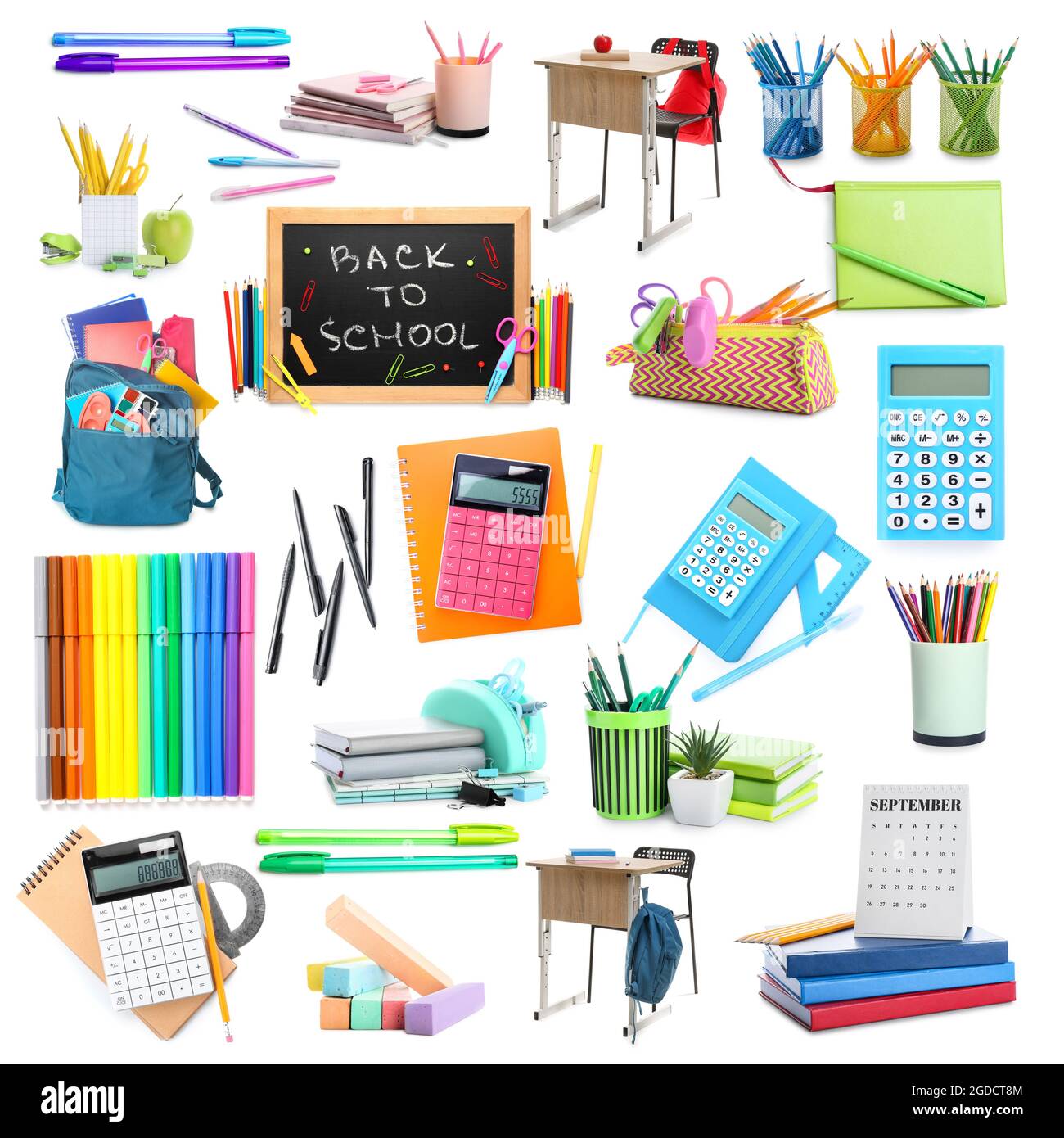 Set of school supplies with chalkboard on white background Stock Photo ...