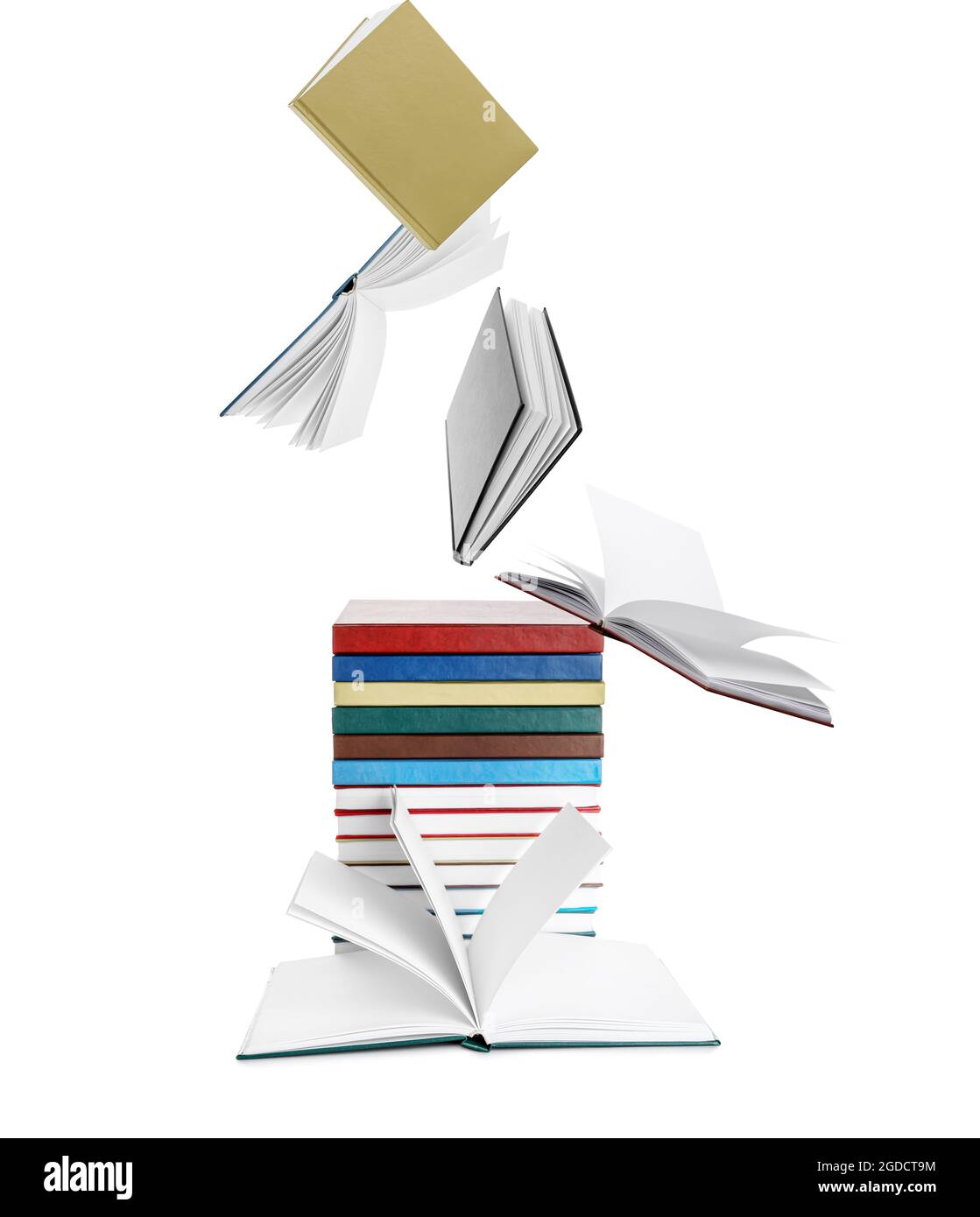 Flying books on white background Stock Photo - Alamy