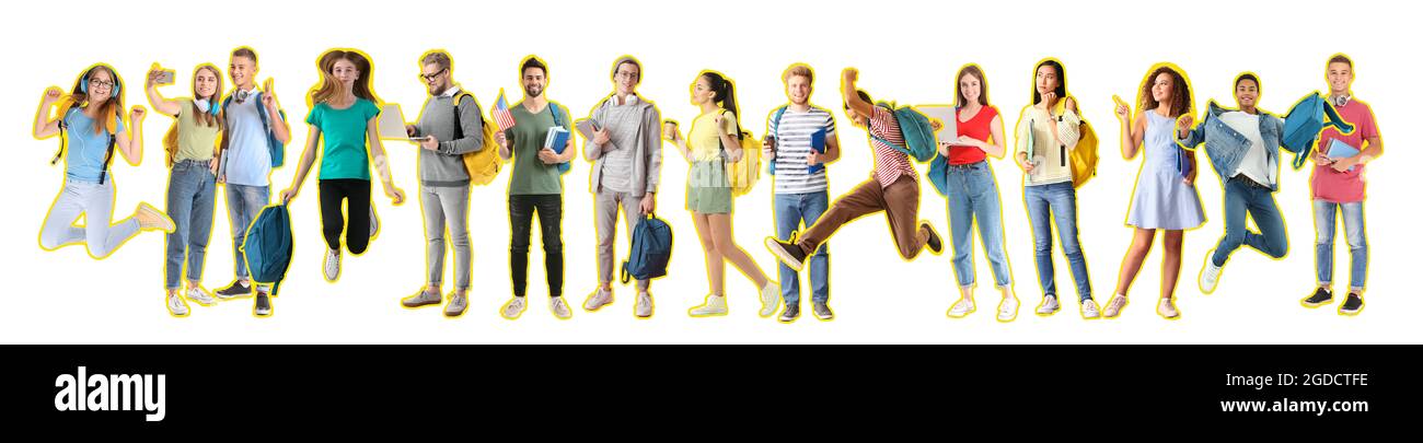 Group of stylish students on white background Stock Photo - Alamy
