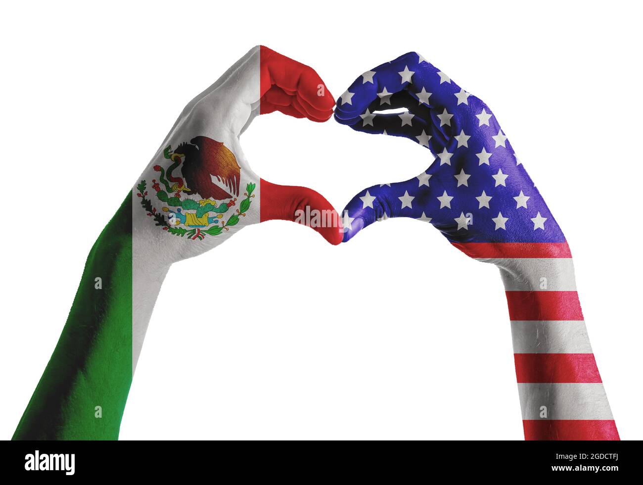 Hands painted in colors of Mexican and USA flags making heart on white ...
