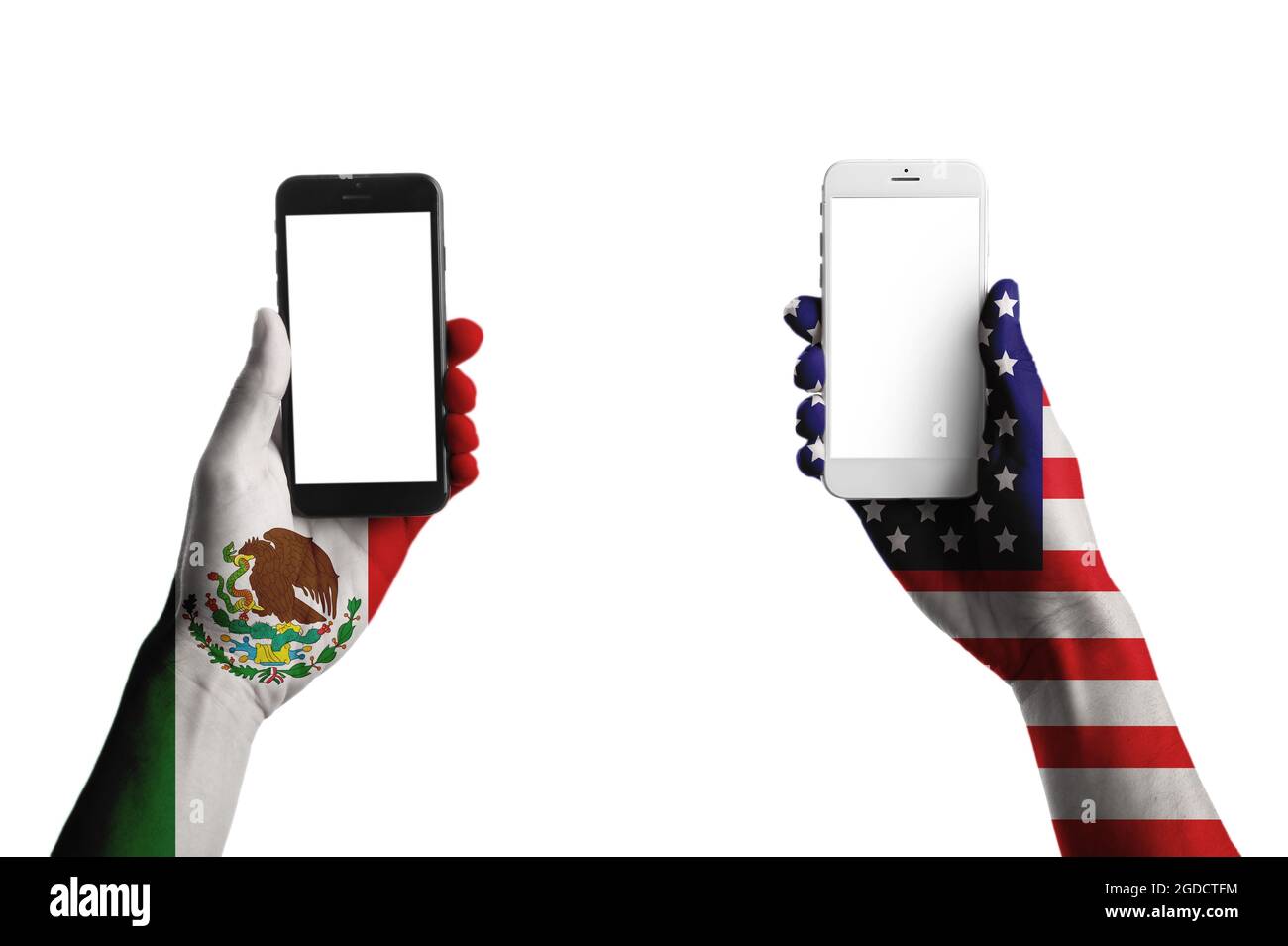 Hands painted in colors of Mexican and USA flags holding mobile phones ...