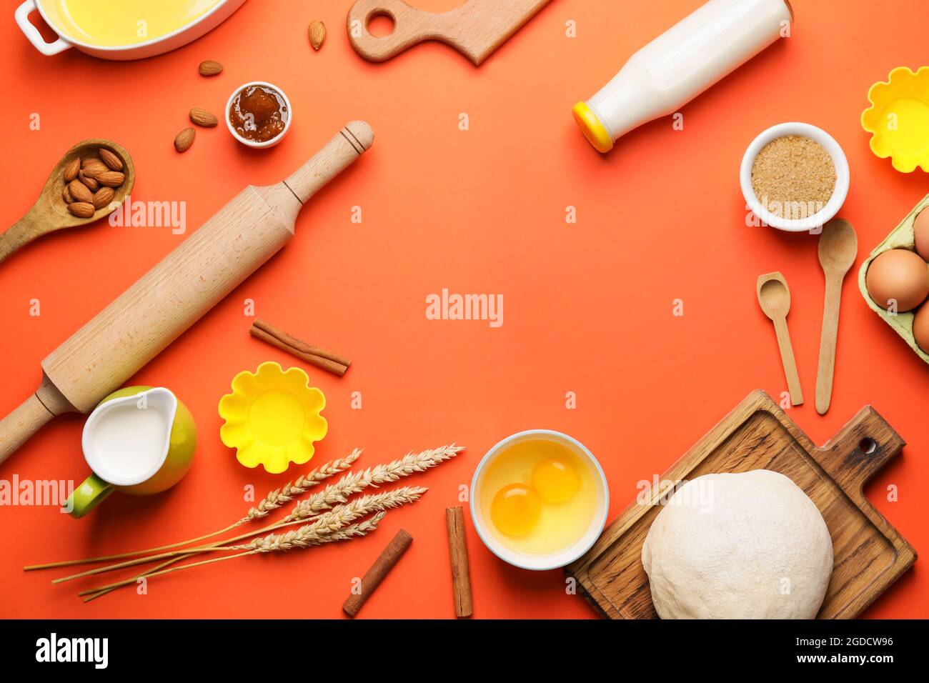 Frame made of ingredients for preparing bakery and utensils on color ...