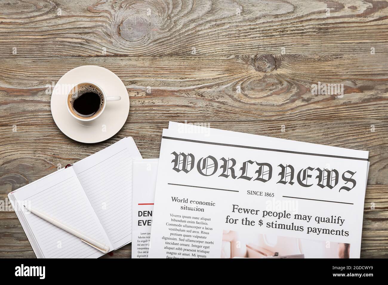 Composition with newspapers and notebook on wooden background Stock ...