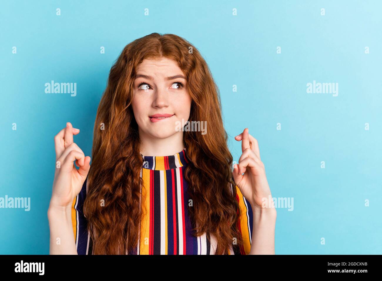 Photo of worried orange hairdo millennial lady crossed fingers look ...