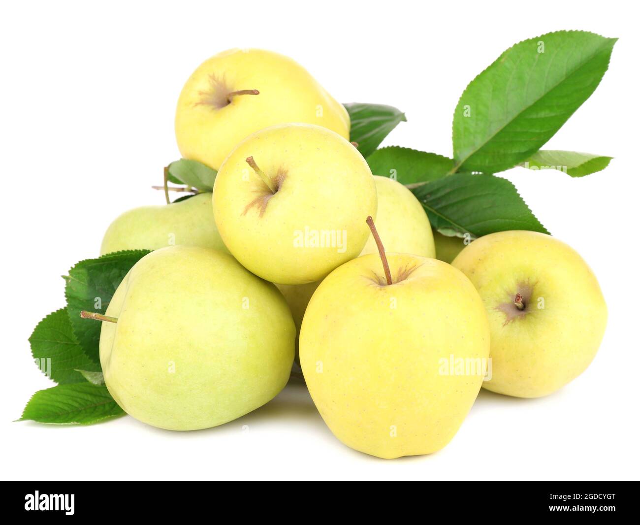 Ripe sweet apples with leaves, isolated on white Stock Photo - Alamy