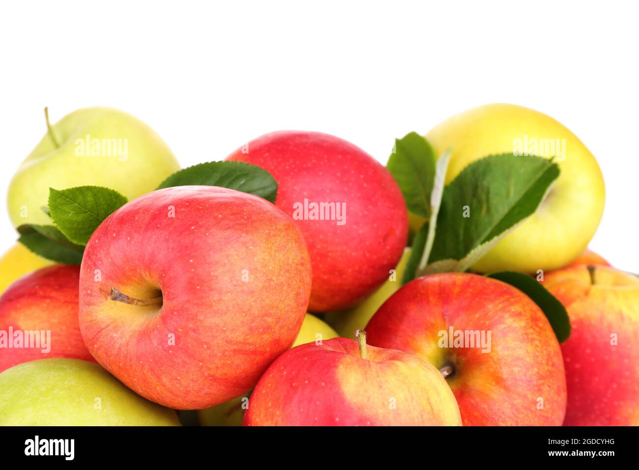 Ripe sweet apples with leaves, isolated on white Stock Photo - Alamy