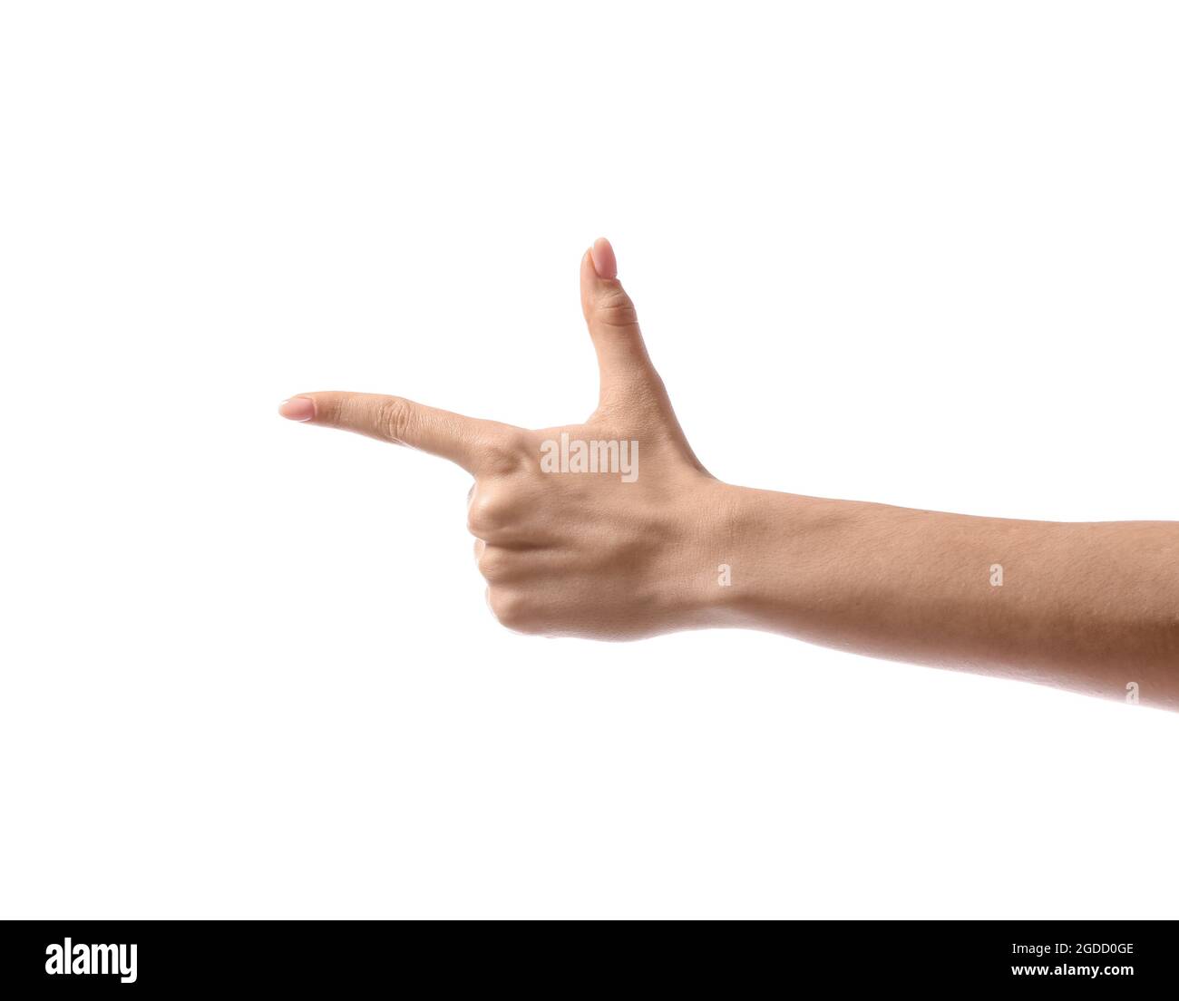 Woman pointing at something on white background Stock Photo - Alamy