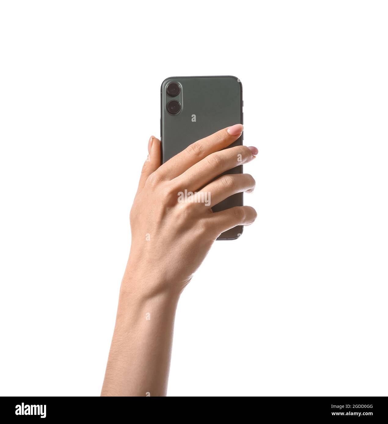 Woman with mobile phone on white background Stock Photo - Alamy