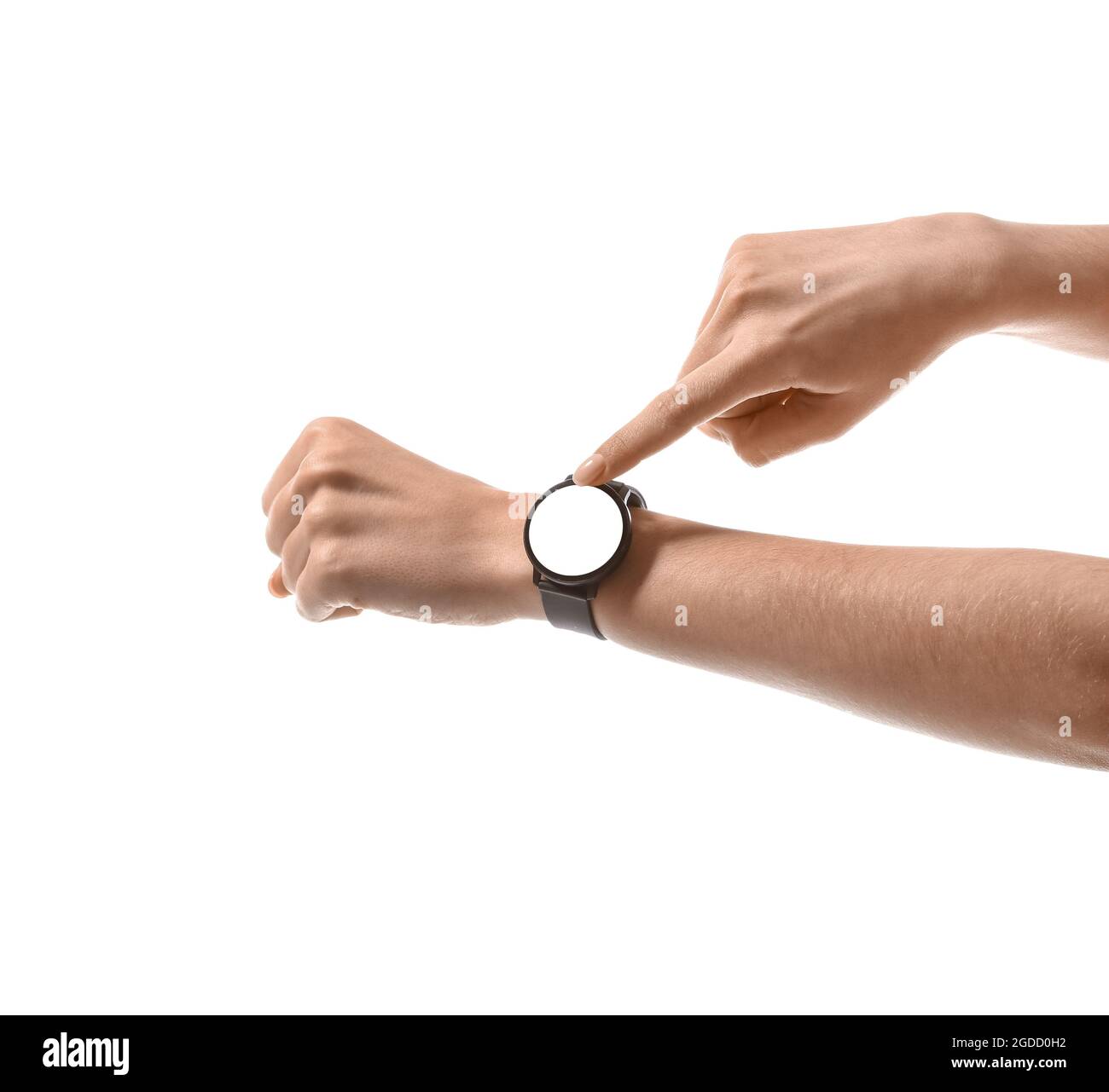 Woman checking smartwatch on white background Stock Photo - Alamy