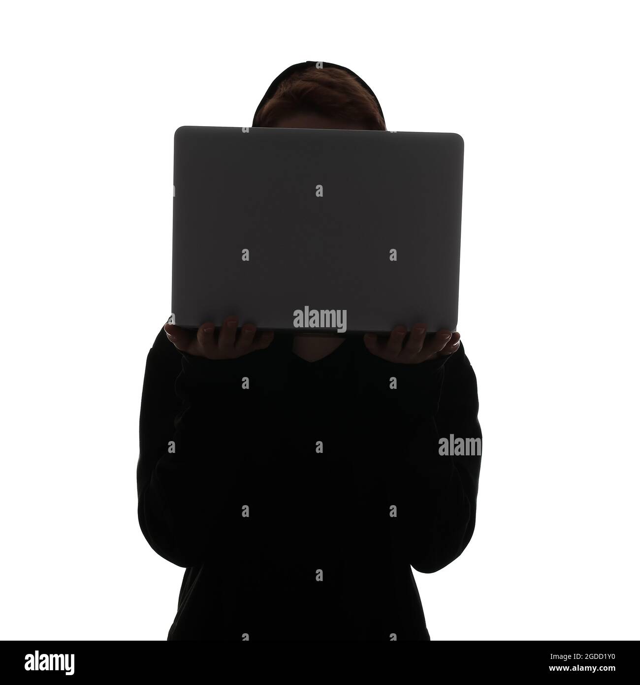 Silhouette of hacker with laptop on white background Stock Photo - Alamy