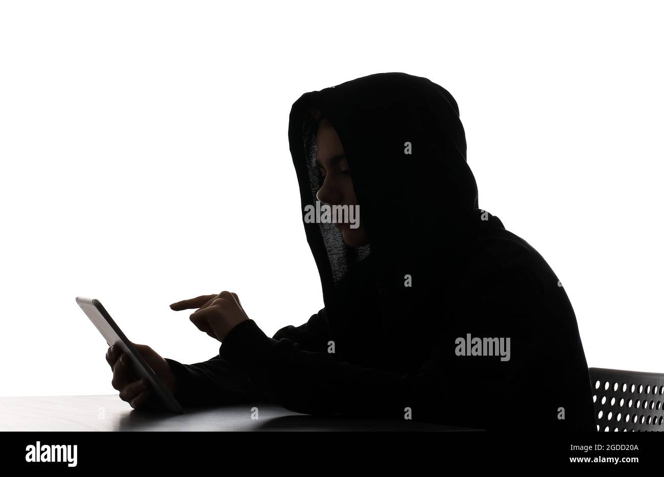 Silhouette of hacker with tablet computer on white background Stock ...