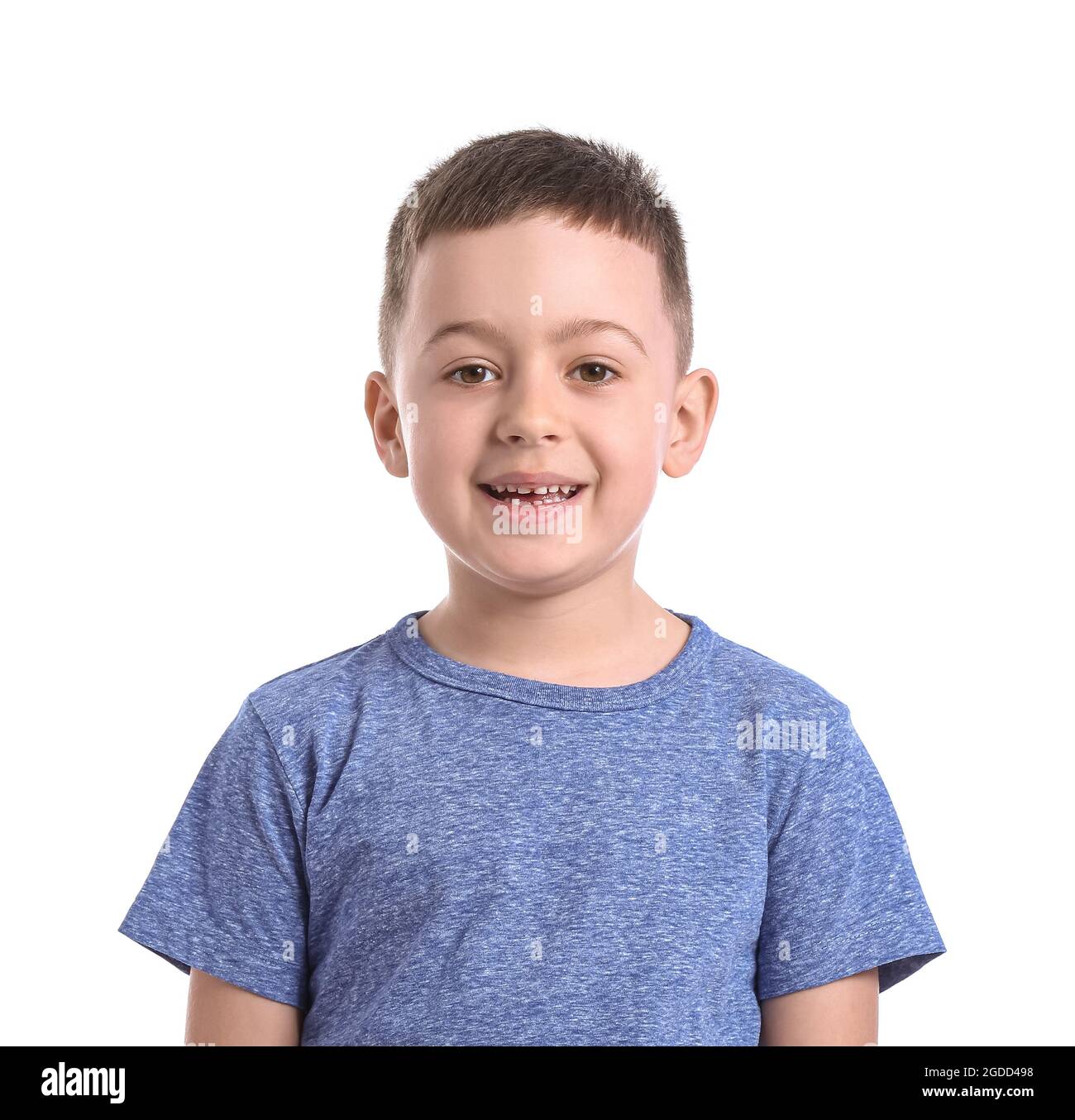 Little boy training pronounce letters on white background Stock Photo ...