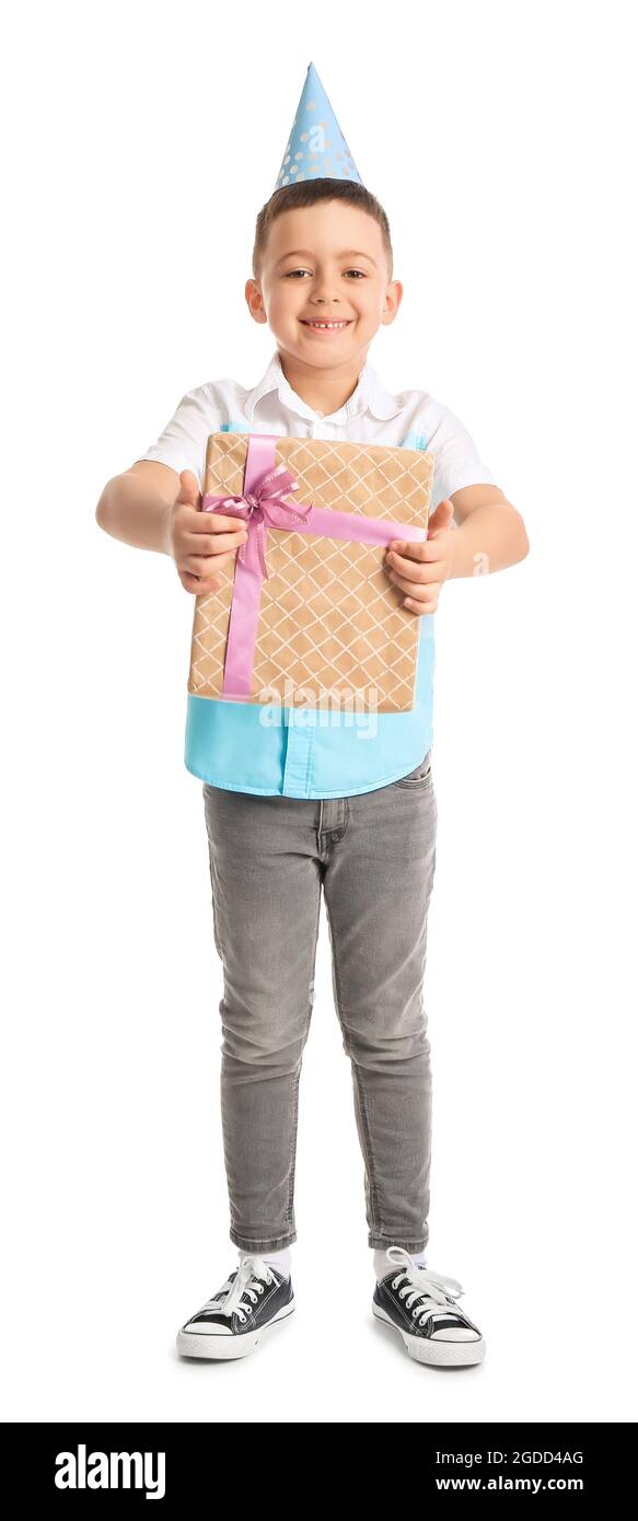 Little boy with present on white background Stock Photo - Alamy