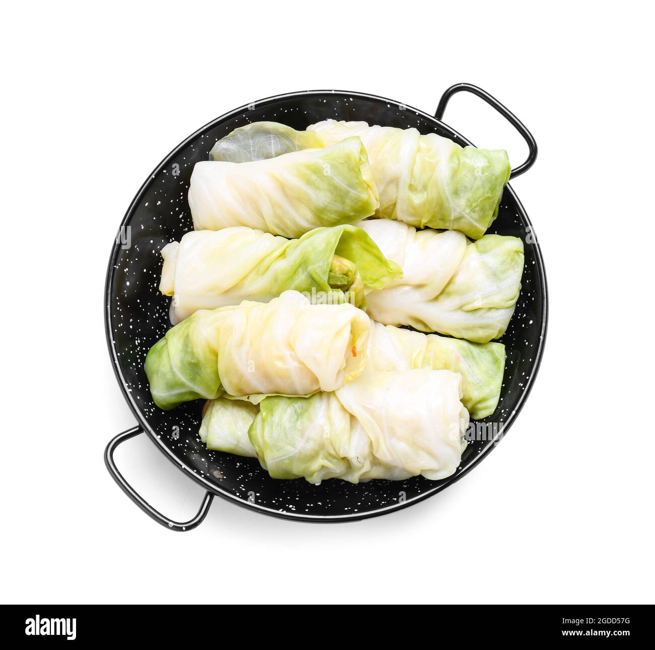Frying pan with uncooked cabbage rolls on white background Stock Photo ...