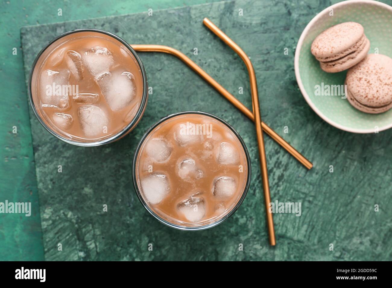 Composition with glasses of tasty iced coffee on color background Stock ...
