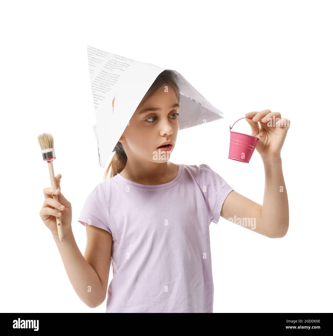 Shocked little painter with brush and bucket on white background Stock ...