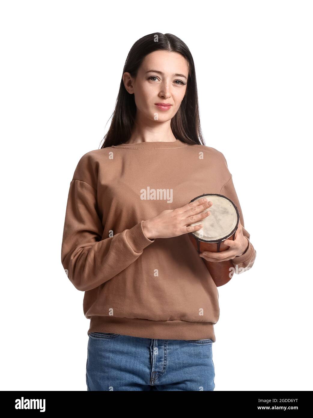 Young woman with tam-tam on white background Stock Photo - Alamy
