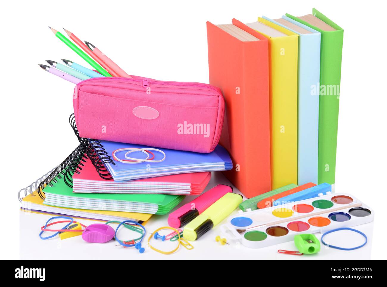 Bright school supplies isolated on white Stock Photo - Alamy