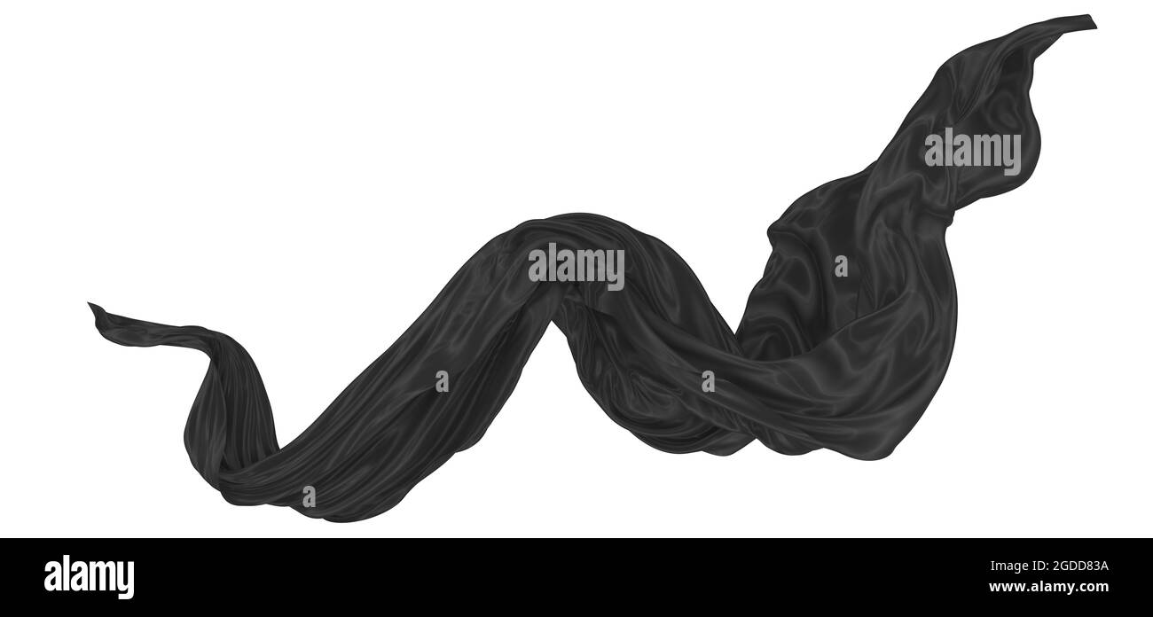 Beautiful flowing fabric flying in the wind. Black wavy silk or satin ...