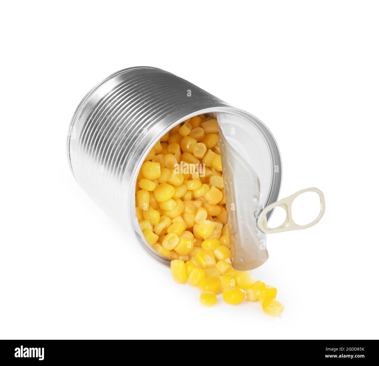 Overturned tin can of corn kernels on white background Stock Photo - Alamy