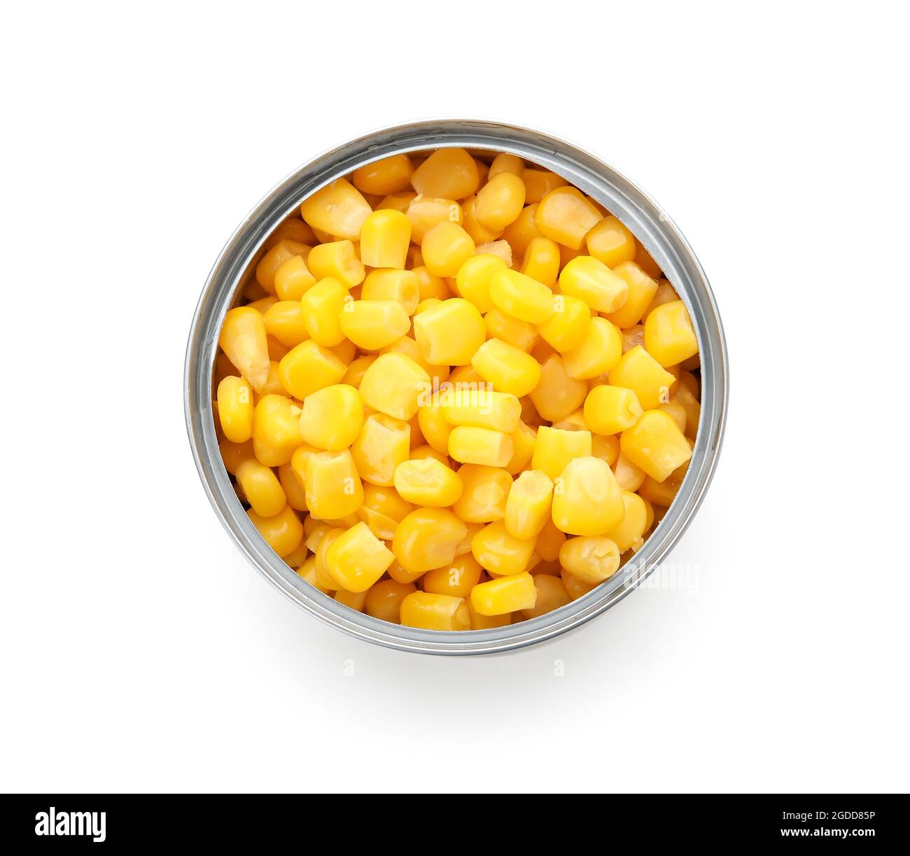 Opened tin can of corn kernels on white background Stock Photo - Alamy