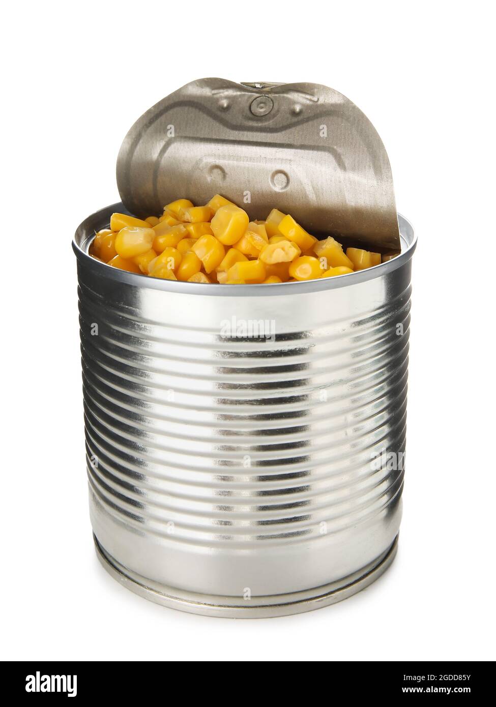 Opened tin can of corn kernels on white background Stock Photo - Alamy